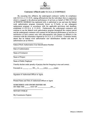 Fillable Online cityofacworth E-Verify Contractor Affidavit (12062011 ...