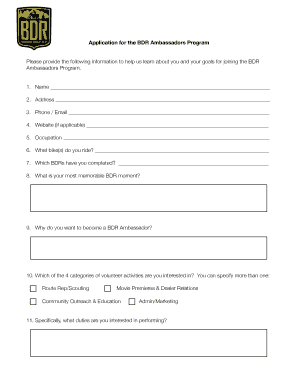 Fillable Online Ambassador Application Form - Backcountry Discovery ...