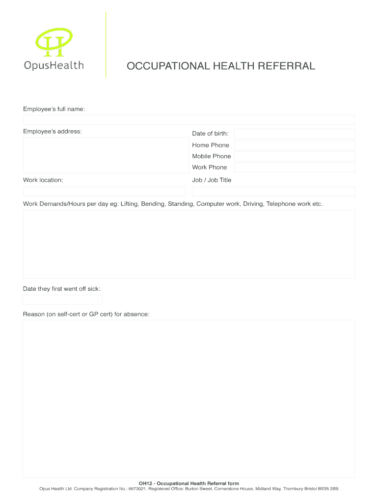 Fillable Online opushealthuk co OH12 - Occupational Health Referral ...