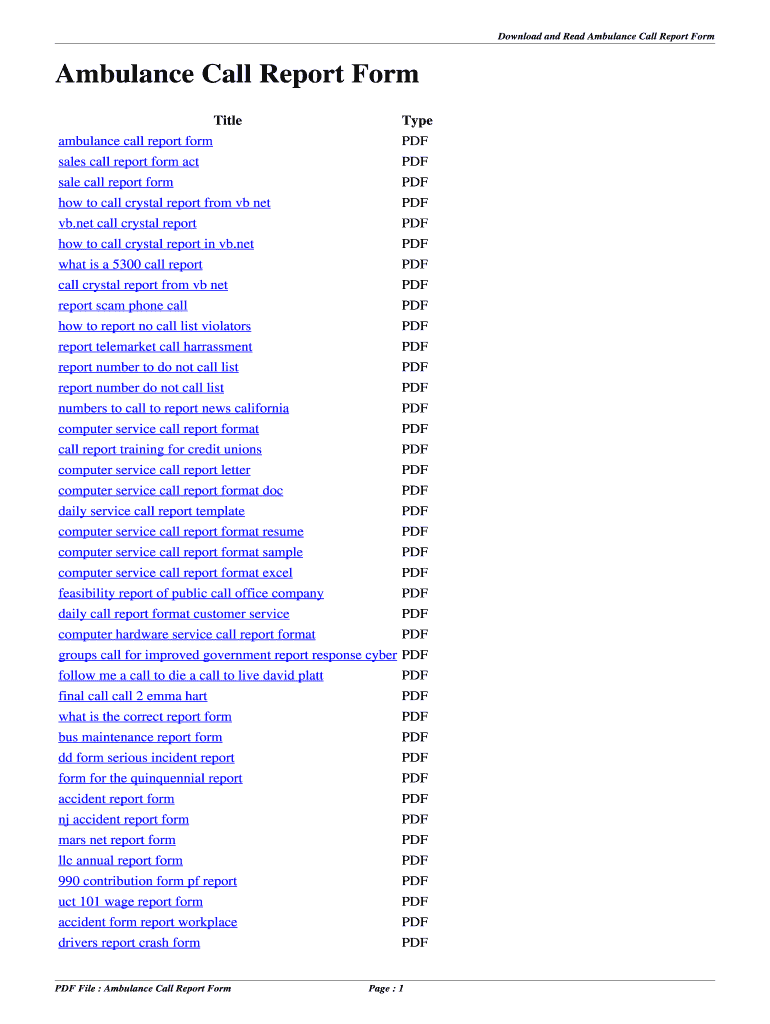 Fillable Online Ambulance Call Report Form. ambulance call report form ...