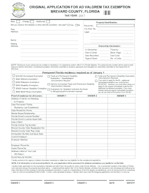 Fillable Online ORIGINAL APPLICATION FOR AD VALOREM TAX EXEMPTION BREVARD ... Fax Email Print ...