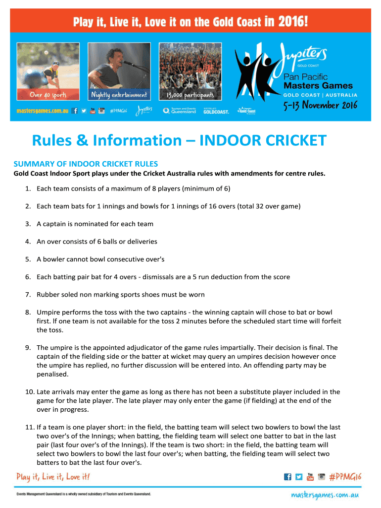 Fillable Online Rules & Information INDOOR CRICKET Fax Email Print ...