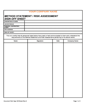 Fillable Online METHOD STATEMENT / RISK ASSESSMENT Fax Email Print ...