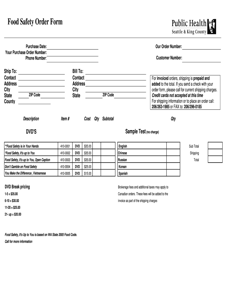 Fillable Online kingcounty Food Safety Order Form - kingcounty Fax ...