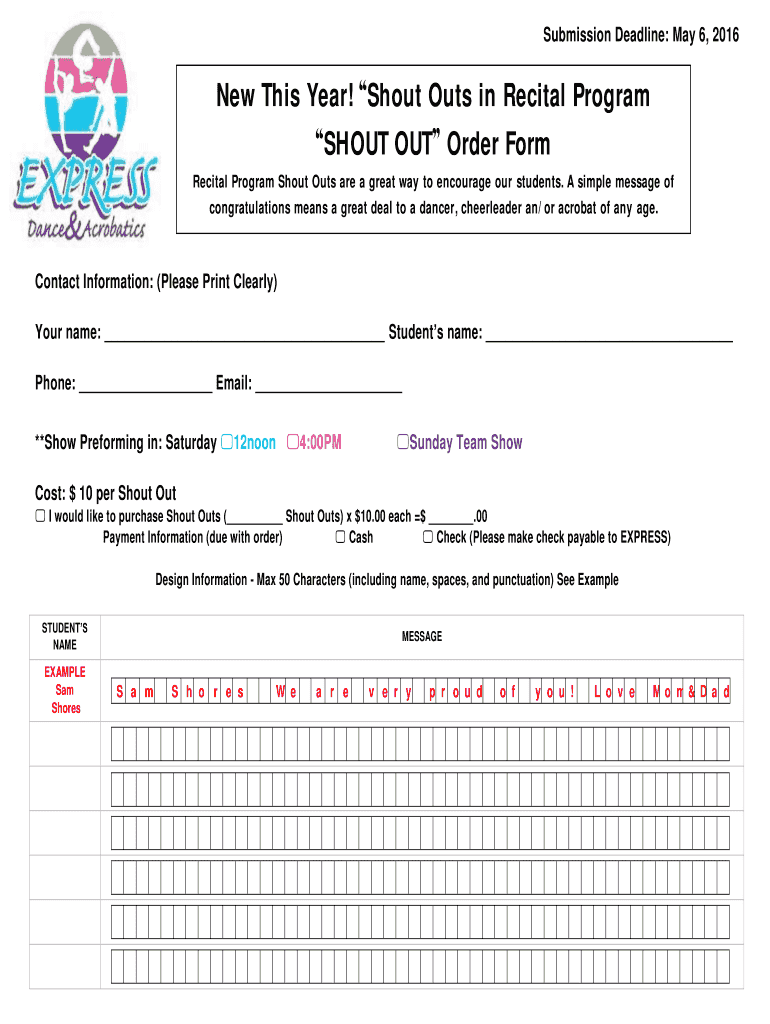 Fillable Online New This Year! Shout Outs in Recital Program SHOUT OUT ...