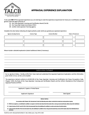 Fillable Online talcb texas APPRAISAL EXPERIENCE EXPLANATION - talcb ...