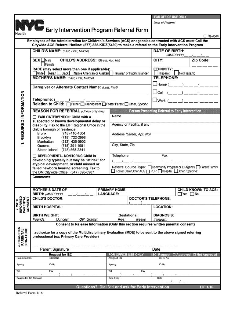 Fillable Online Date of Referral Early Intervention Program Referral ...