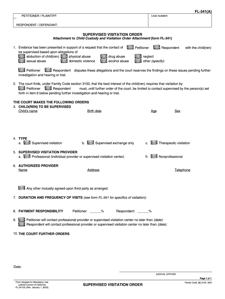 Fillable Online SUPERVISED VISITATION ORDER Attachment to Child Custody ...