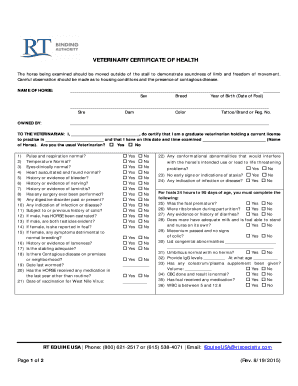 Fillable Online VETERINARY CERTIFICATE OF HEALTH - rtspecialty.com Fax ...