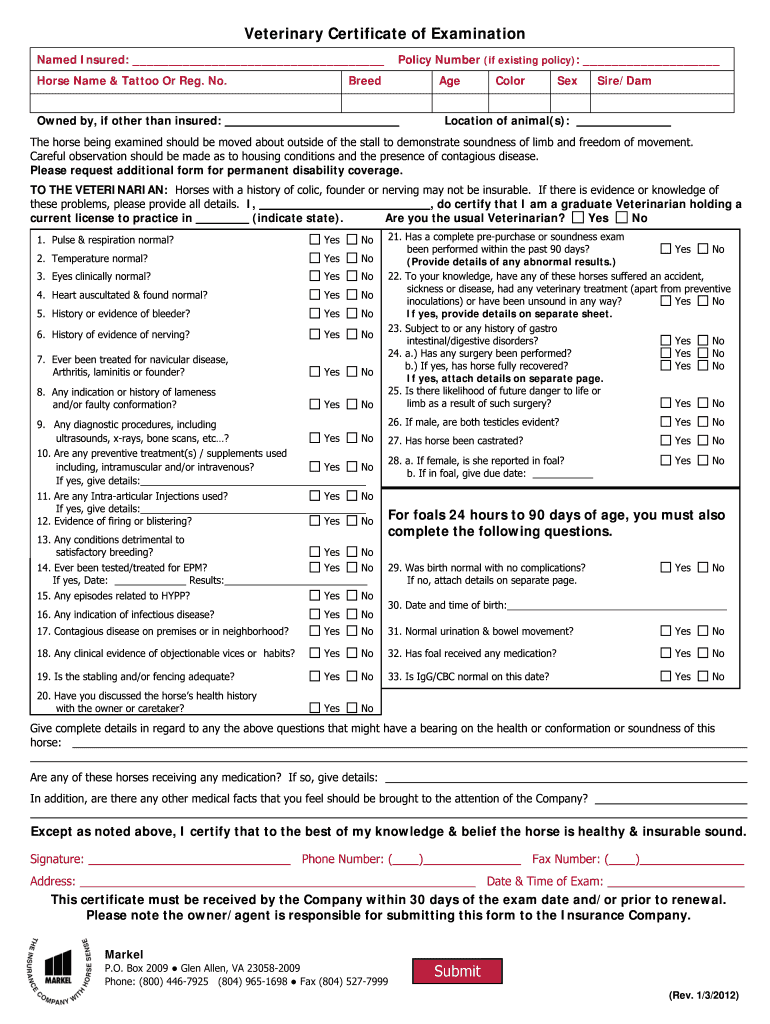 Fillable Online Veterinary Certificate of Examination - Markel ...