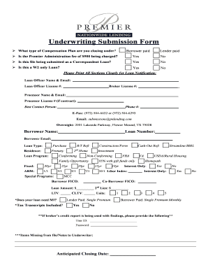 Fillable Online Underwriting Submission Form - Premier Nationwide ...