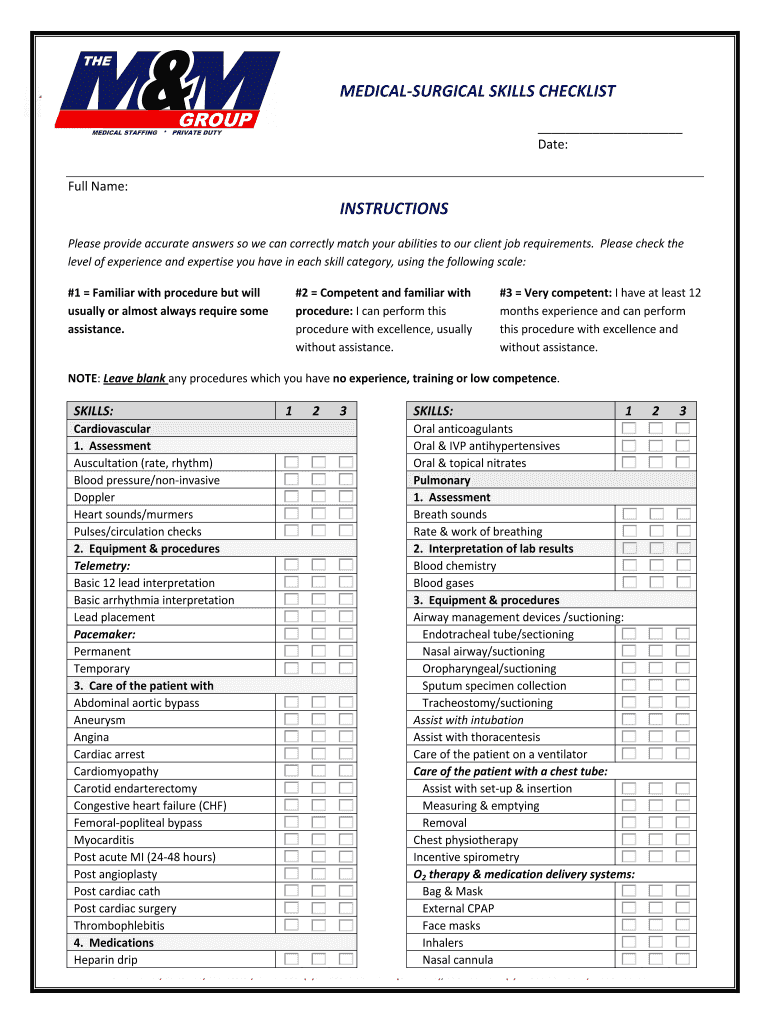 Fillable Online Medical-Surgical Skills Checklist.docx Fax Email Print ...