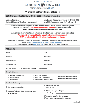 Fillable Online gordonconwell CLT VA Enrollment Certification Request ...