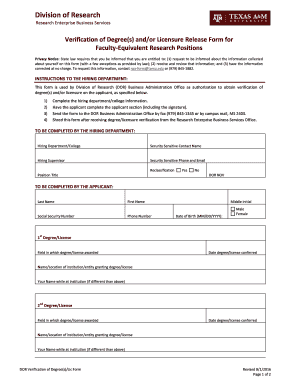 Fillable Online vpr tamu Verification of Degree(s) and/or Licensure Release Form Fax Email Print ...
