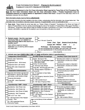 Fillable Online CASE INFORMATION SHEET PROBATE SUPPLEMENT TARRANT ...