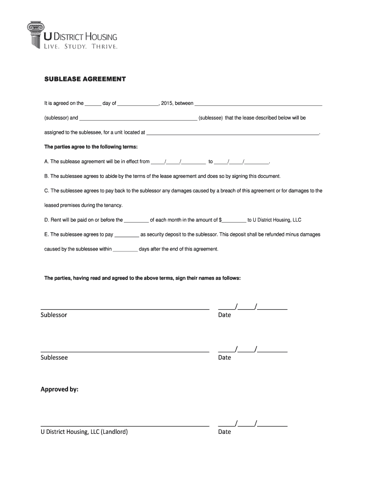Fillable Online Sample Sublease Agreement - UDistrict Housing Fax Email ...