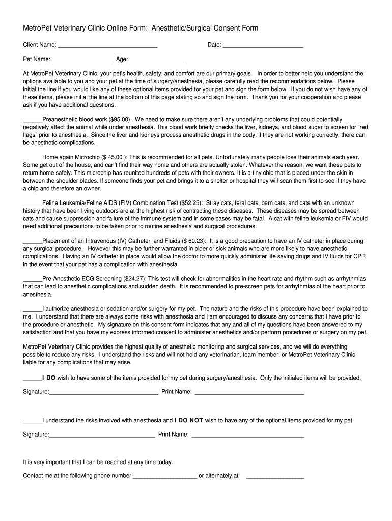 Fillable Online Anesthetic/Surgical Consent Form - MetroPet Veterinary ...