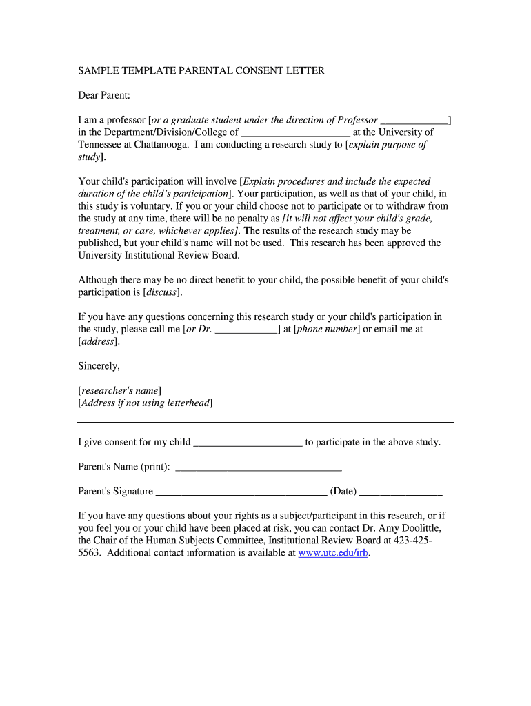 Fillable Online utc SAMPLE TEMPLATE PARENTAL CONSENT LETTER Dear Parent ... Fax Email Print ...