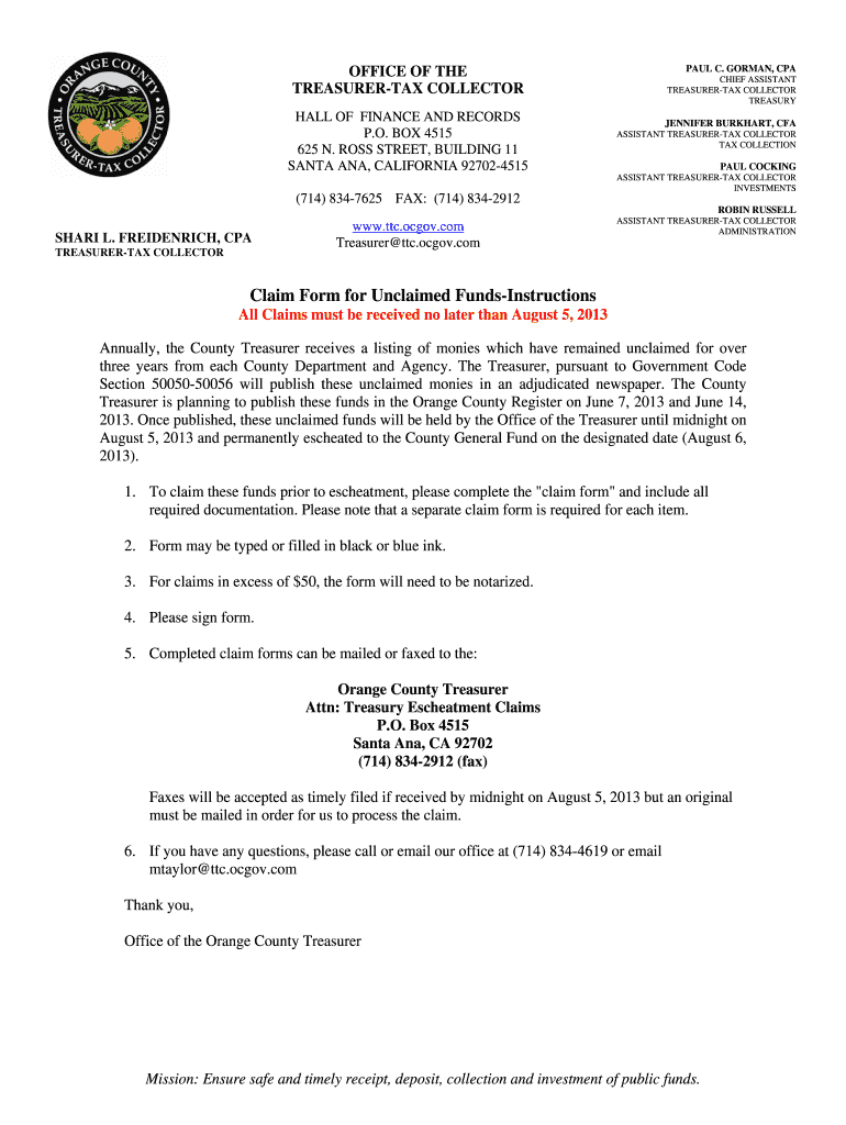 Fillable Online Claim Form for Unclaimed Funds-Instructions All Claims ... Fax Email Print ...