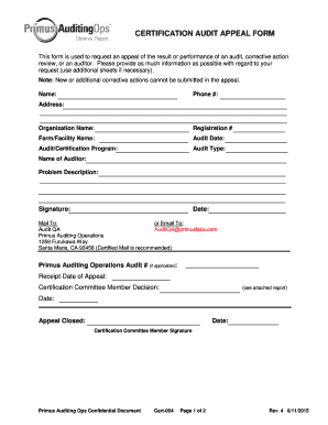Fillable Online CERTIFICATION AUDIT APPEAL FORM - primusauditingops.com ...