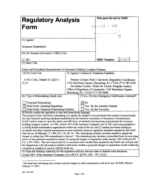 Fillable Online irrc state pa Regulatory Analysis Form i':!25 r.;; s5u ...