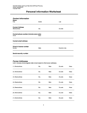 Fillable Online content gcflearnfree Personal Information Worksheet ...
