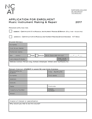 Fillable Online ncat vic edu APPLICATION FOR ENROLMENT Music Instrument ...