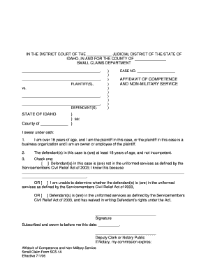 Fillable Online AFFIDAVIT OF COMPETENCE AND NON-MILITARY SERVICE ) ss ...