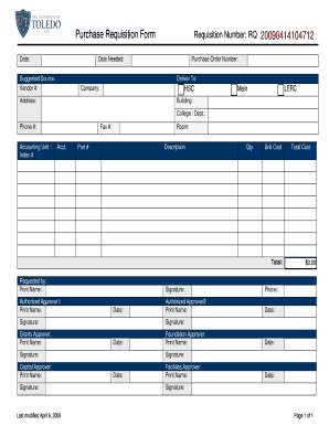 Fillable Online utoledo Purchase Requisition Form Requisition Number ...