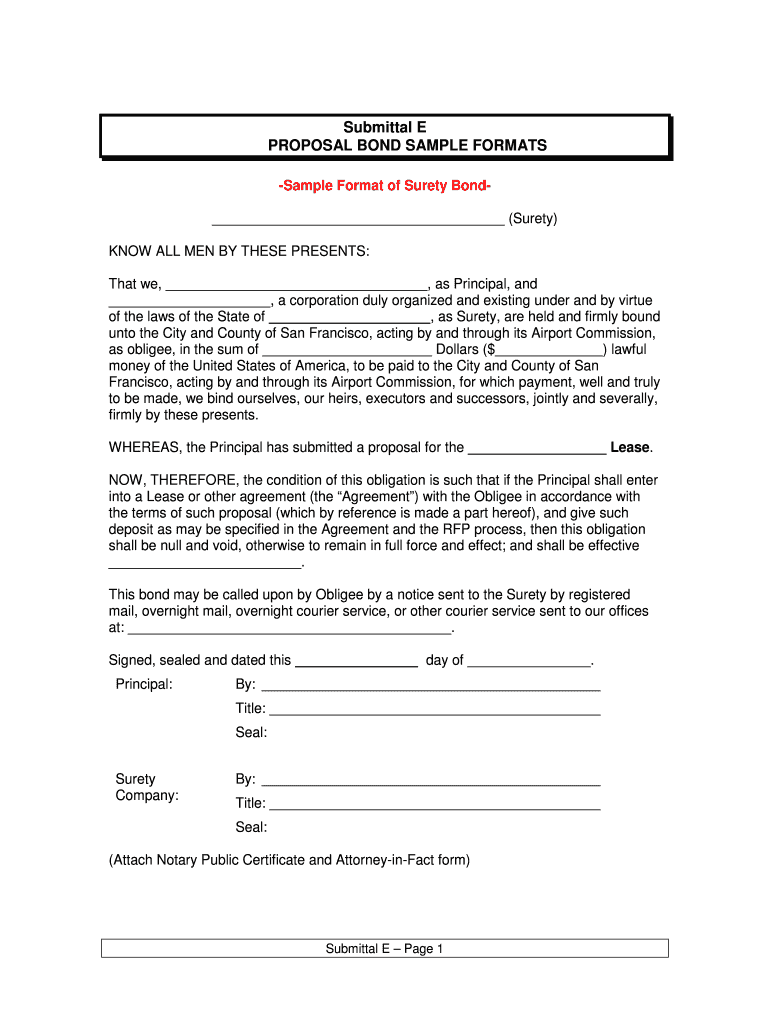 Fillable Online mission sfgov Submittal E PROPOSAL BOND SAMPLE FORMATS ...