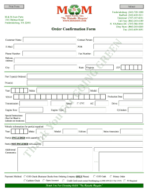 Fillable Online Order Confirmation Form - mmauto.com Fax Email Print ...