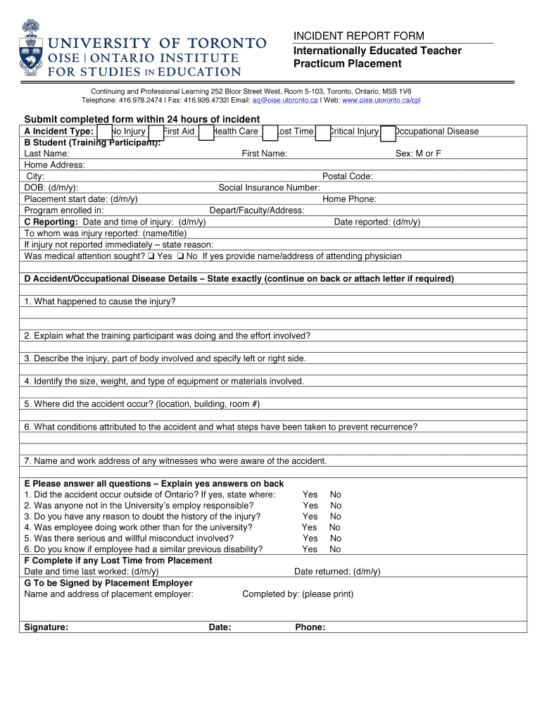 Fillable Online oise utoronto IET WSIB Incident Report Form - oise ...