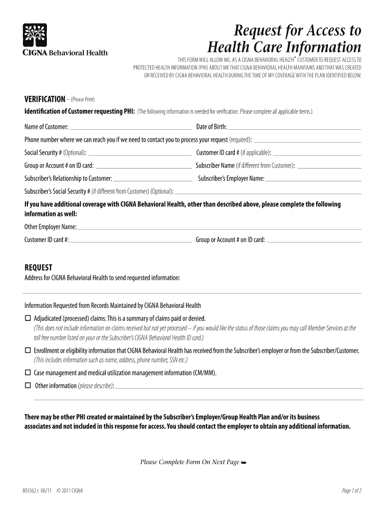 Fillable Online THIS FORM WILL ALLOW ME, AS A CIGNA BEHAVIORAL HEALTH ...