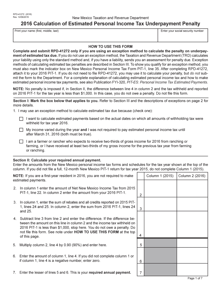 Fillable Online 2016 Calculation Of Estimated Personal Income Tax Underpayment Penalty Fax Email