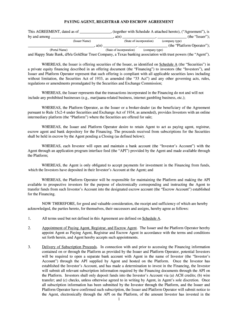 Fillable Online PAYING AGENT, REGISTRAR AND ESCROW AGREEMENT Fax Email ...