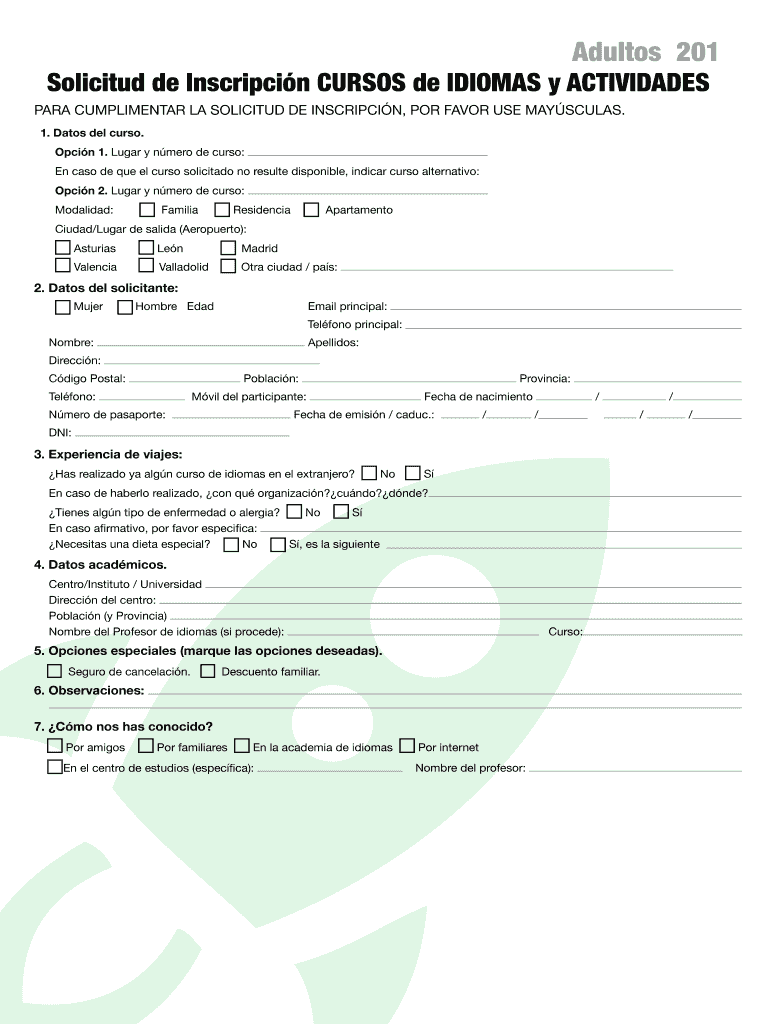 Fillable Online Solicitud de Inscripci n curSoS de IdIomaS y actIvIdadeS para cumplimentar la ...