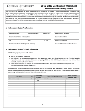 Fillable Online queens 1 2016 2017 Verification Worksheet Independent ...