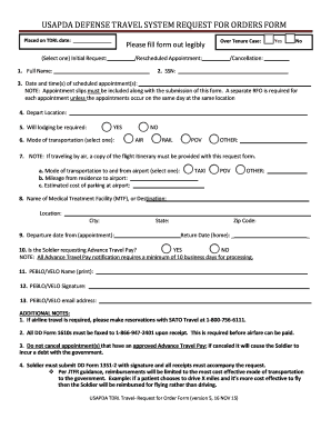 Fillable Online USAPDA DEFENSE TRAVEL SYSTEM REQUEST FOR ORDERS FORM ...