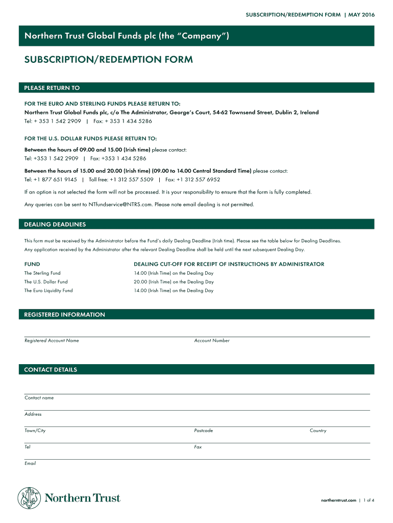 Fillable Online Northern Trust Global Funds. Subscription / Redemption ...