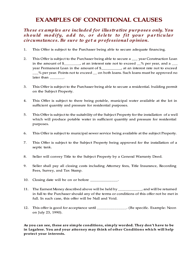 Fillable Online EXAMPLES OF CONDITIONAL CLAUSES - Home Building Answers ...