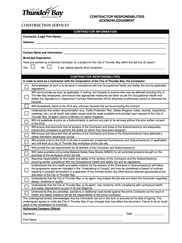 Fillable Online CONTRACTOR RESPONSIBILITIES ACKNOWLEDGEMENT Fax Email ...