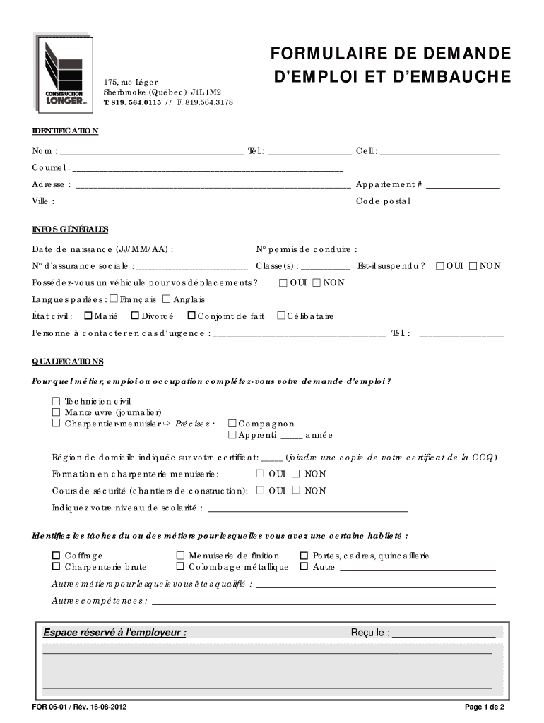 Fillable Online FORMULAIRE DE DEMANDE D'EMPLOI ET DEMBAUCHE Fax Email Print - pdfFiller