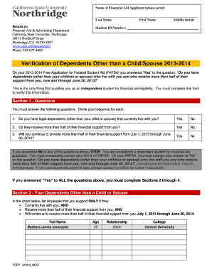 Fillable Online csun 2012-2013 Verification of Dependents Other than a ...