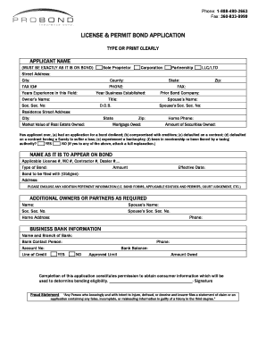 Fillable Online LICENSE & PERMIT BOND APPLICATION - probondins.com Fax ...
