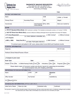 Fillable Online DIAGNOSTIC IMAGING REQUISITION Phone (925) 435-1105 Fax ...
