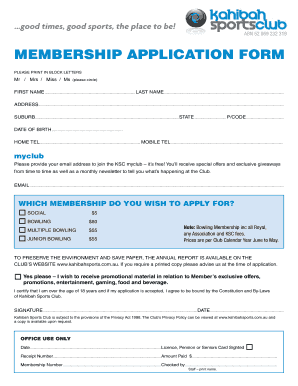 Fillable Online MEMBERSHIP APPLICATION FORM - Kahibah Sports Club Fax ...