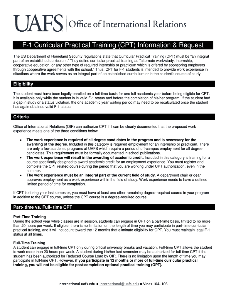 Fillable Online international uafs F-1 Curricular Practical Training (CPT) Information & Request ...