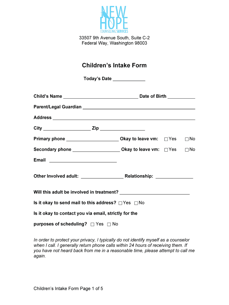 Fillable Online Child's Intake Form. Child's Intake Form Fax Email ...