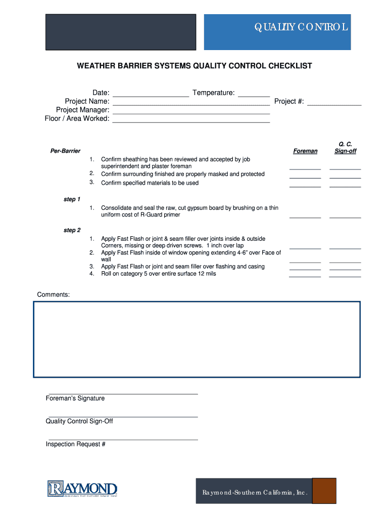 Fillable Online WEATHER BARRIER SYSTEMS QUALITY CONTROL CHECKLIST Fax ...