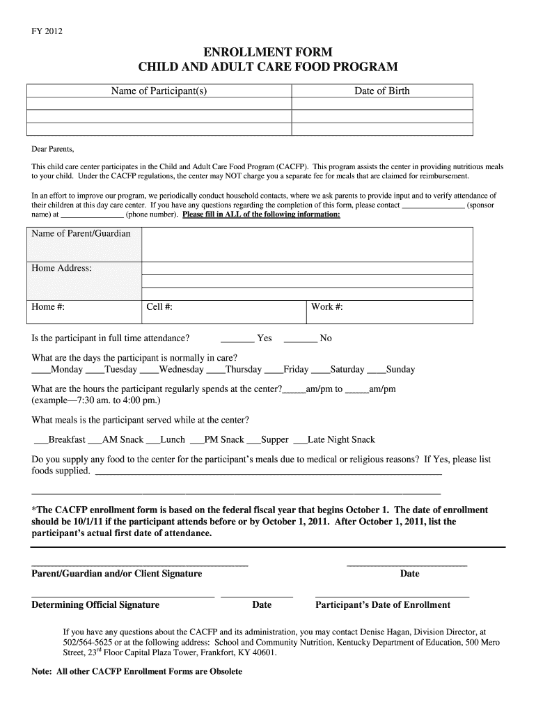 Fillable Online education ky ENROLLMENT FORM CHILD AND ADULT CARE FOOD ...